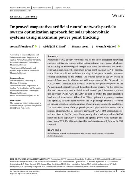 Improved Cooperative Artificial Neural Network ‐ Particle Swarm