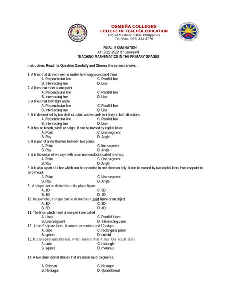 Midterm Exam Of Primary Mathematics Exams Introduction To Primates Docsity