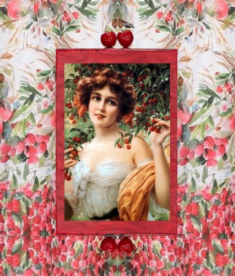 A Painting Of A Woman With Cherries On Her Head And Red Apples In The Frame