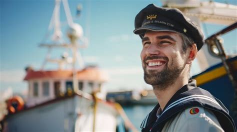 A Cheerful Sailor In A Navy Cap Stands On The Deck Of A Boat Smiling