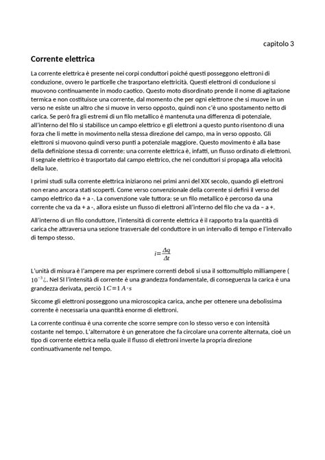 Riassunto Fisica Lezione Per Lezione Capitolo 3 Corrente Elettrica
