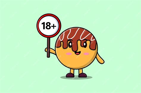 Premium Vector Cute Cartoon Takoyaki Holding 18 Plus Sign Board In