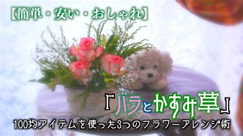 【フラワーアレンジメント・100均・簡単・スーパーの花束】スーパーで買った「バラとカスミ草」をサクッと簡単アレンジ！100均アイテムを使った3