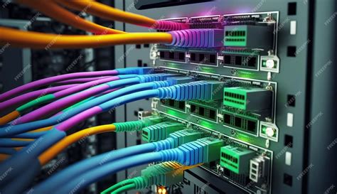 Сеть Lan интернет кабели подключенные к сетевым коммутаторам сервер в