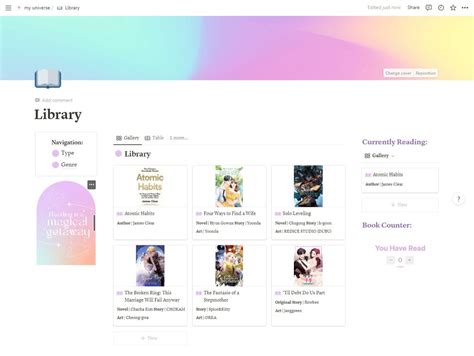 Aesthetic Cute Notion Library Bookshelf Reading List Gradient
