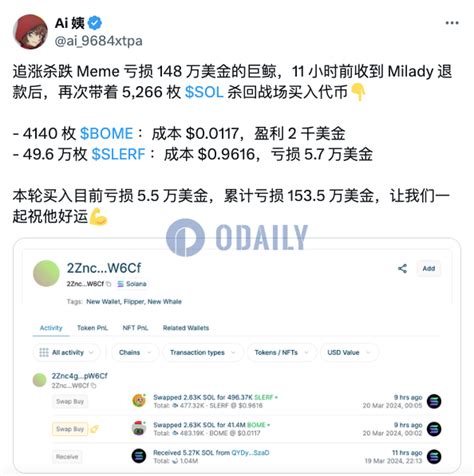 追涨杀跌meme亏损148万美元的某巨鲸买入bome和slerf Web3资讯 Odaily
