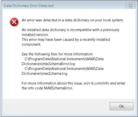 Data Dictionary Error Detected When Running Ni Max Ni