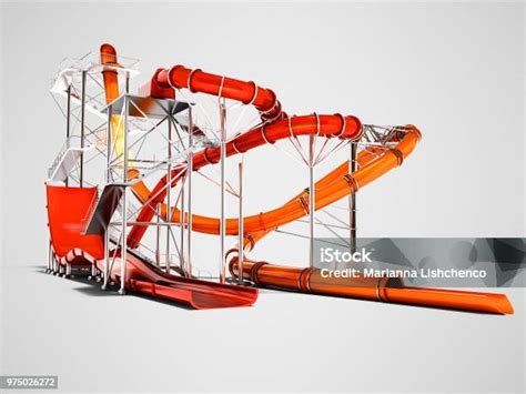 현대 붉은 색과 오렌지색 물 그림자와 회색 배경에 놀이 기구 워터 파크 3d 렌더링에 대 한 슬라이드 곡선에 대한 스톡 사진 및 기타 이미지 Istock