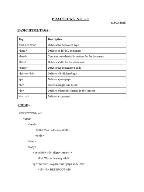 Practical No 1 Basic Html Tags Pdf