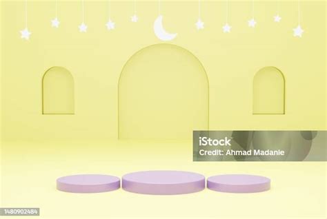 노란색 배경 별과 초승달 모양의 흰색 라마단 카림 이드 이슬람 개념이 있는 3d 플랫폼 3d 일러스트레이션 렌더링 0명에 대한 스톡 사진 및 기타 이미지 Istock
