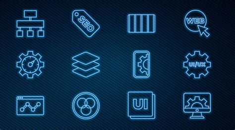세트 라인 웹 개발 Ui 또는 Ux 디자인 컬러 팔레트 가이드 레이어 웹 사이트 통계 사이트 맵 및 Seo 최적화 아이콘을