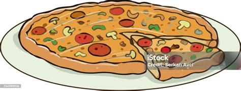 토마토 소시지 페퍼로니 버섯을 곁들인 이탈리안 피자 평면도 얇게 썬 피자 플랫 스타일의 벡터 일러스트 레이 션 건강하지 못한 생활방식에 대한 스톡 벡터 아트 및 기타 이미지