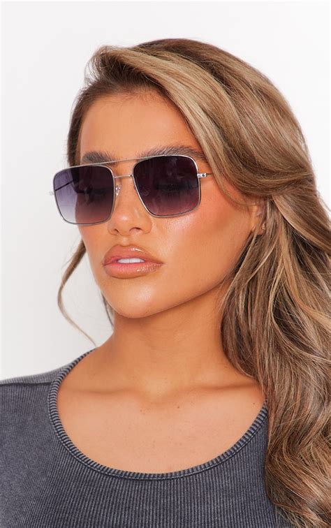 Silver Metal Square Frame Aviator Sunglasses Prettylittlething