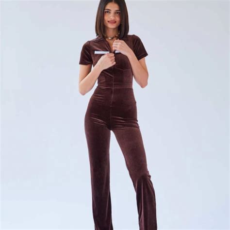 Peachy Den The Kernel Velvet Jumpsuit In Chocolate Depop