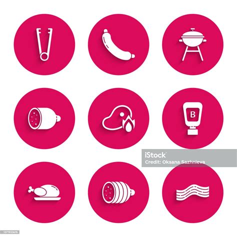 구운 스테이크 고기와 불꽃 살라미 소시지 베이컨 스트라이프 소스 병 구운 칠면조 또는 닭고기 바베큐 그릴 및 고기 집게 아이콘을 설정합니다 벡터 가공육에 대한 스톡 벡터