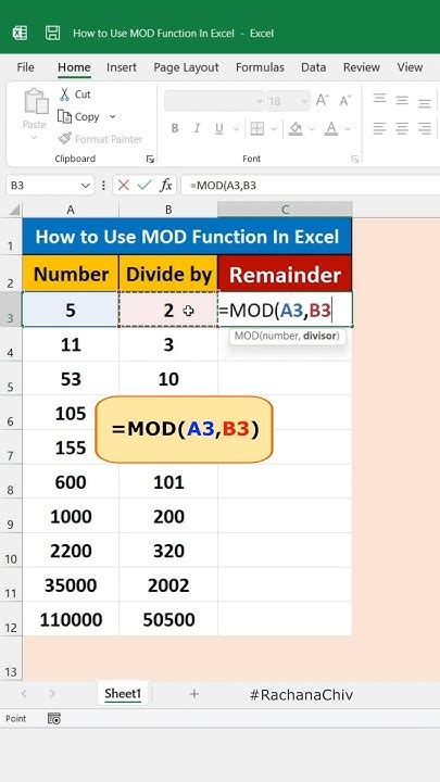 Use Mod Function To Find Remainder Number In Excel Short Excel Excelbasic Youtube