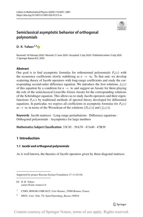 Semiclassical Asymptotic Behavior Of Orthogonal Polynomials