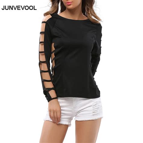 Holes Hallow Out Sexy T Shirt Long Sleeve Tees Top Women Summer Elegant
