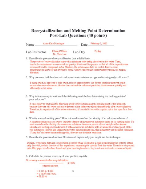 Recrystallization Post Lab CHEM Studocu
