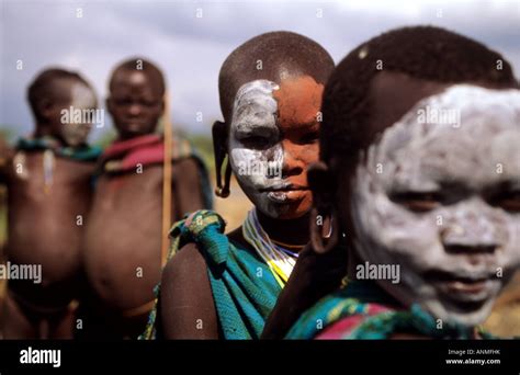 Colorful Surma Girls In Their Village Along The Kibish River Omo