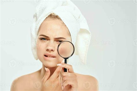 Pretty Woman Naked Shoulders Magnifier Near Face Dermatology Skin Care
