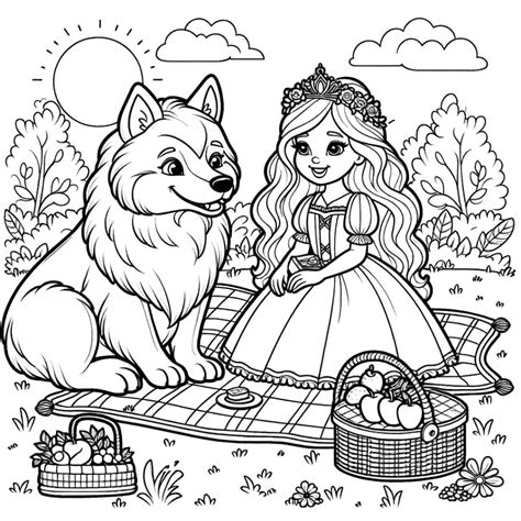 Coloring Page Princess And Wolf Sharing A Picnic