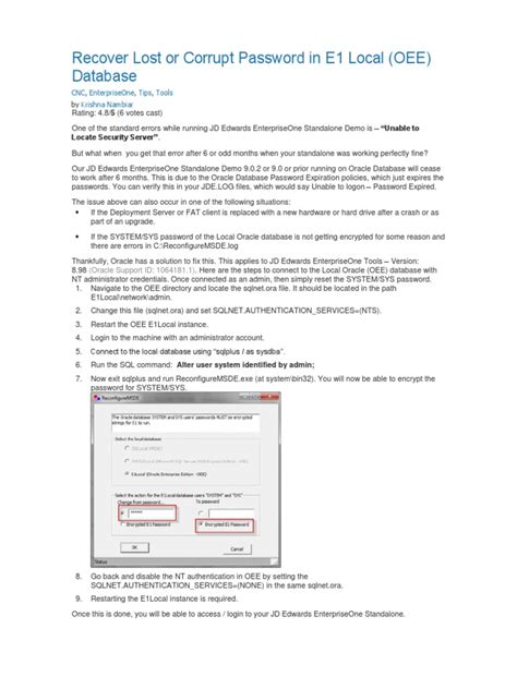 Recover Lost Or Corrupt Password In E1 Local Oee Database Pdf
