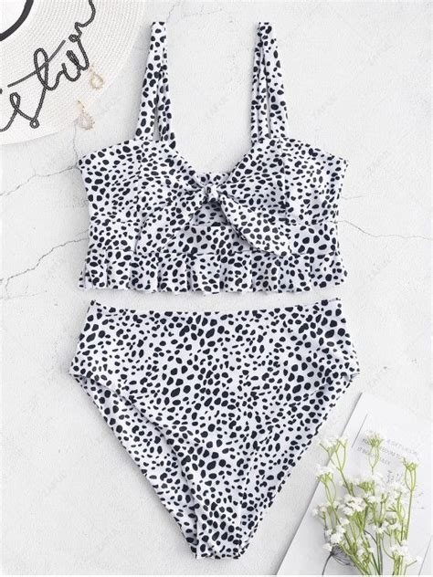 47 Off 2020 Zaful Printed Knot High Waisted Tankini Set In White Zaful
