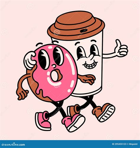 Caricatura Divertida Estilo Retro Donut Y Taza De Café Groovy Vintage