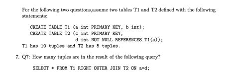 Solved For The Following Two Questions Assume Two Tables T Chegg