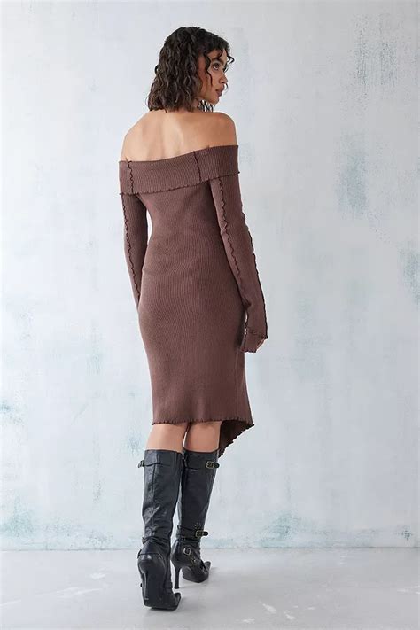 Uo Emmie Knitted Off The Shoulder Asymmetrical Midi Dress Urban