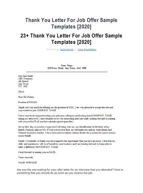 30 Professional Thank You Letters For Job Offer Free