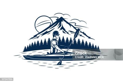Pria Kayak Di Gunung Danau Vektor Ilustrasi Ilustrasi Stok Unduh