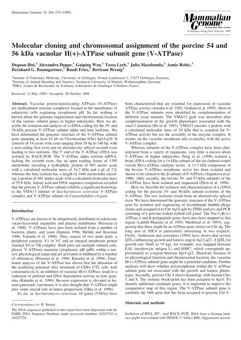 Pdf Molecular Cloning And Chromosomal Assignment Of The Porcine 54 And 56 Kda Vacuolar H