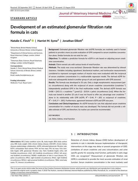 Pdf Development Of An Estimated Glomerular Filtration Rate Formula In Cats