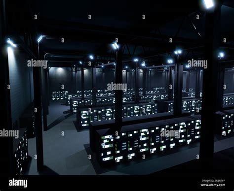 Futuristic Server Room With Storage For Supercomputer System And Hardware Internet Security