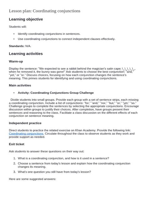 Lesson Plan Coordinating Conjunctions Pdf Sentence Linguistics Grammar