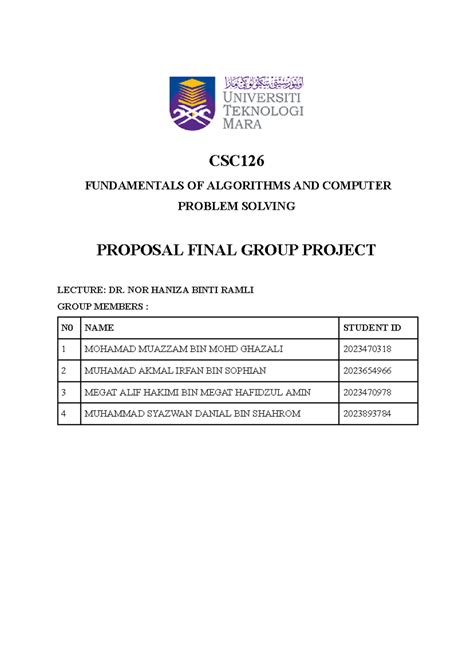 Proposal Csc 126 Csc Project Csc Fundamentals Of Algorithms And