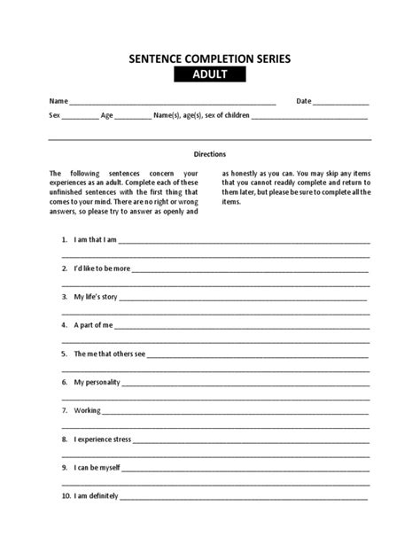 Sentence Completion Series Adult Human Sexuality Sexual Emotions