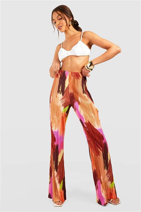Abstract Plisse Flared Trousers Boohoo Uk