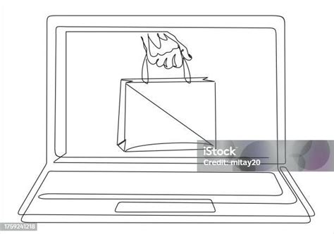 온라인 상점 개념에서 쇼핑합니다 단선 그리기 디자인 그림 0명에 대한 스톡 벡터 아트 및 기타 이미지 0명 가방 계산대