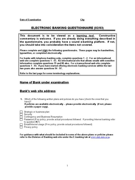 Electronic Banking Questionnaire Online Banking Banks And Banking