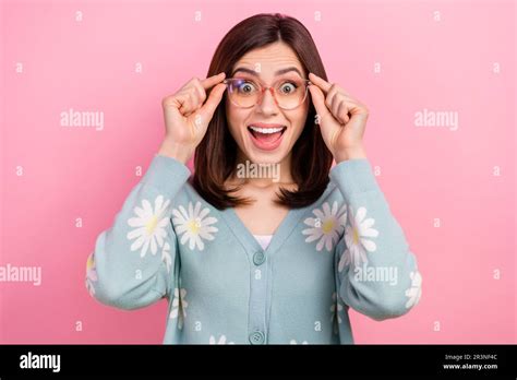 Photo Of Sweet Impressed Woman Dressed Teal Outfit Arms Eyewear Open