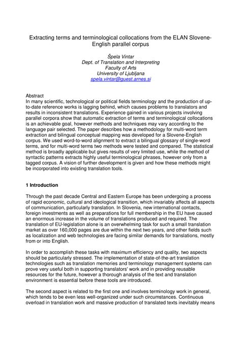 Pdf Extracting Terms And Terminological Collocations From The Elan Slovene English Parallel Corpus