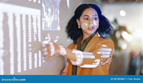 Presentation Projector And Business Woman Report Global Economy Stats