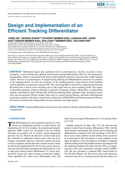 Pdf Design And Implementation Of An Efficient Tracking Differentiator