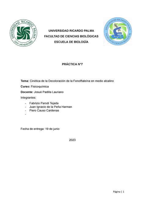 Informe De Fisicoquimica 7 Universidad Ricardo Palma Facultad De