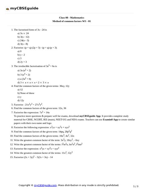 08 Math Factorisation 01 Pdf Factorization Standardized Tests