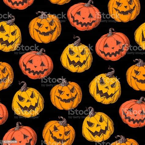할로윈 호박 이음새가 없는 패턴 손으로 그린 벡터 일러스트레이션 잭 오 랜턴 휴일 할로윈을위한 빈티지 디자인 디자인 템플릿 10