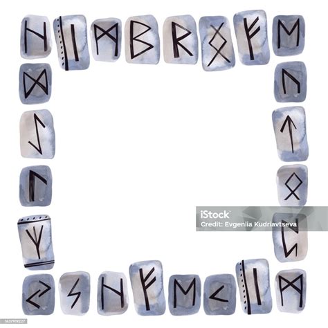 돌에 새겨진 스칸디나비아 룬 문자로 만든 정사각형 프레임 점을위한 장식 흰색 배경에 수채화 요소 집합입니다 클립 아트 블로그 게시물 디자인을 위한 래스터 그림입니다 돌